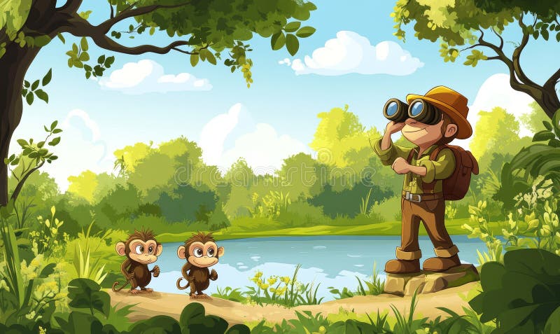 This Illustration Depicts an Adventurer with Monkeys Entering a Cave ...