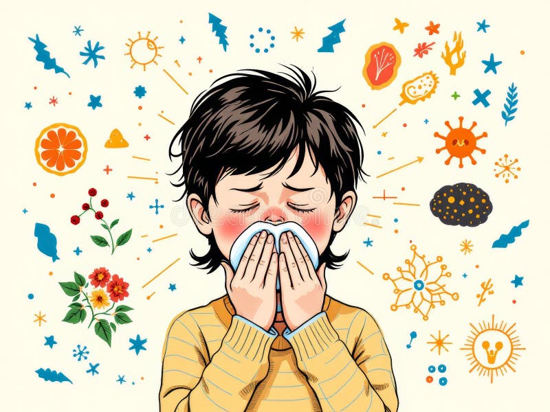 A Child Sneezes, Surrounded by Illustrations of Various Germs and ...