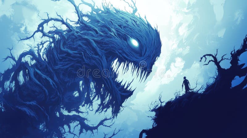 A Monstrous Tree Creature Faces a Lone Figure Stock Image - Image of ...