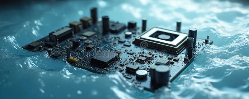 Illustration Depicts Computer Motherboard Submerged in Water ...