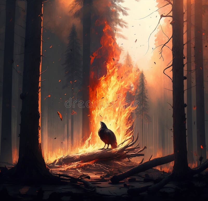 Illustration Depicts the Concept of a Forest Fire, Featuring a Burning ...