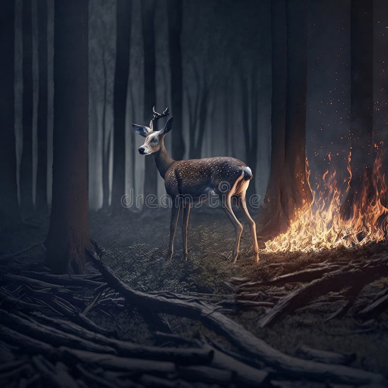 Illustration Depicts a Deer in a Dark Forest with a Fire Burning in ...
