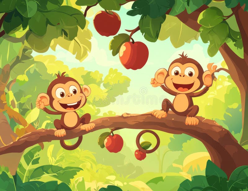 The Illustration Depicts a Forest Scene with Monkeys on an Apple Tree ...