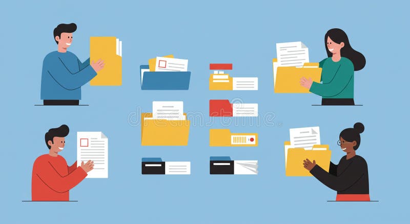 Illustration Depicts Four Animated Individuals Interacting with Folders ...