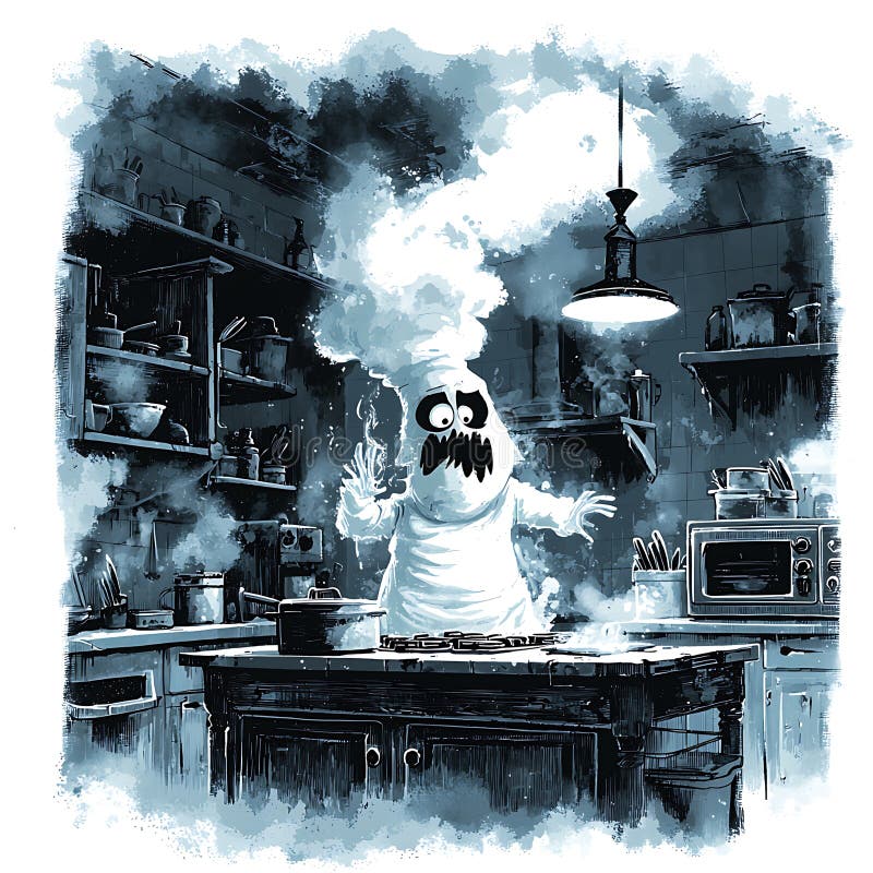 Spooky Chef Ghost in a Haunted Kitchen a Whimsical Illustration of a ...