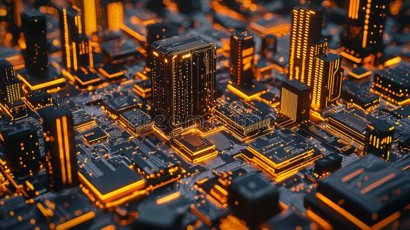 The Illustration Depicts a Futuristic Microchip City with a Background ...