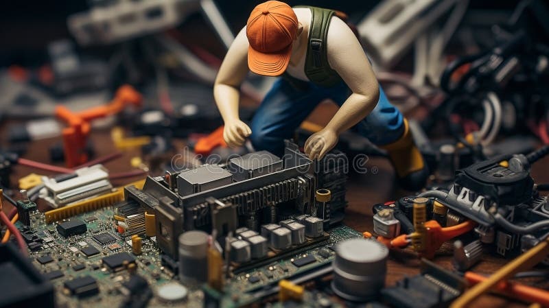 Illustration of Tiny Workers Repairing a Computer Motherboard Digital ...