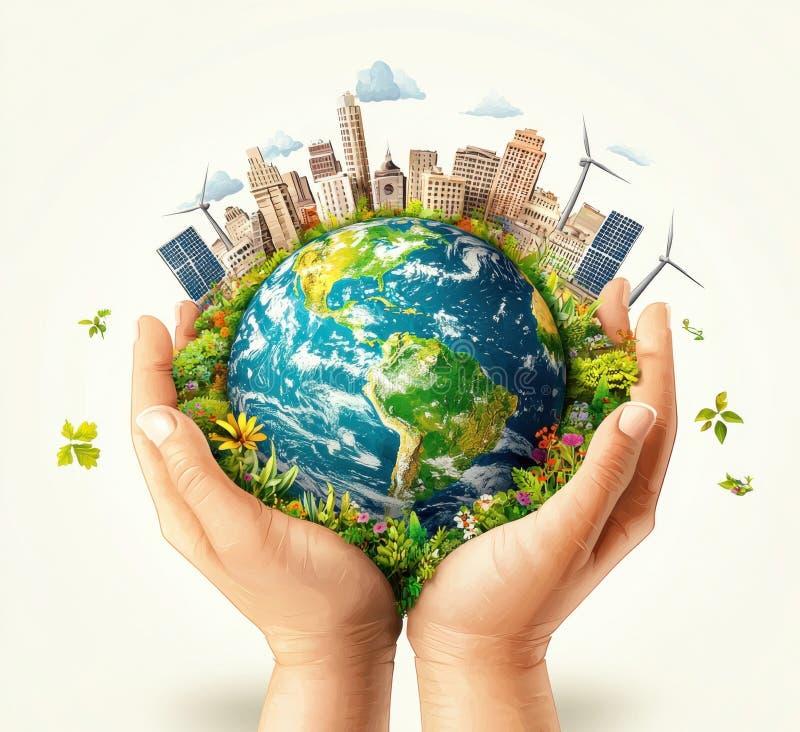 Hands Cradling the Earth with Urban and Nature Elements Stock Image ...