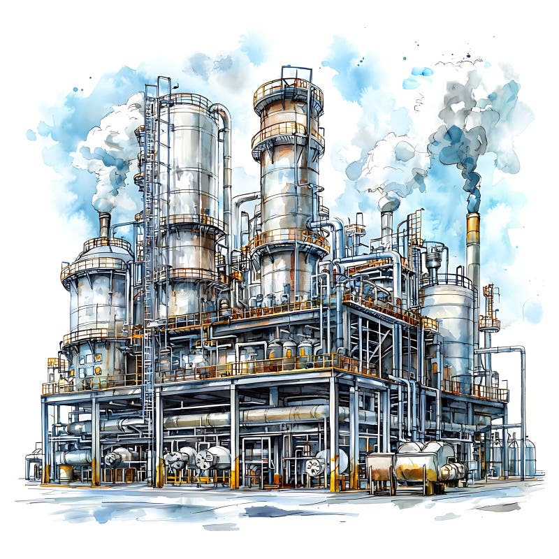 Industrial Refinery Complex a Detailed Watercolor Illustration of a ...
