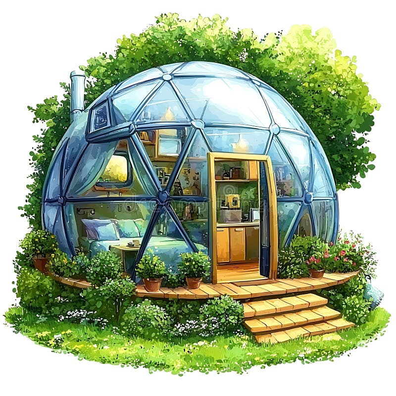Modern Geodesic Dome House with Surrounding Greenery Stock Illustration ...