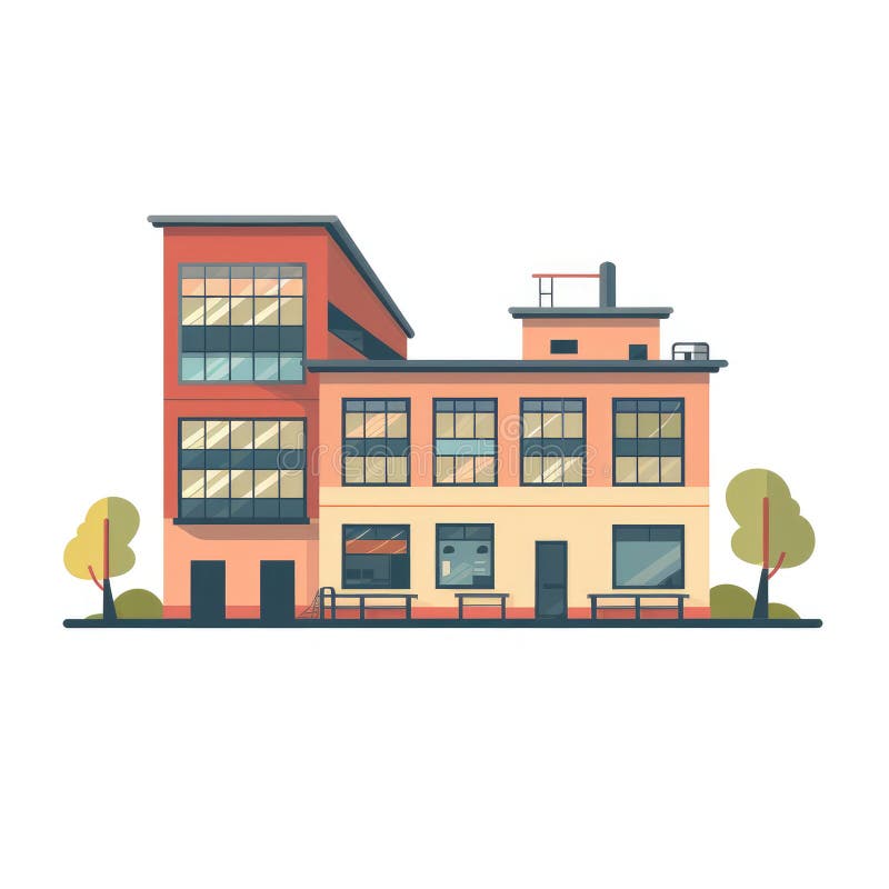Modern Two-Story Building with Shopfront and Trees Stock Illustration ...