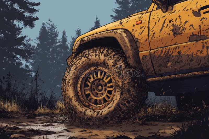 Mud-Covered Off-Road Vehicle Wheel Stock Illustration - Illustration of ...