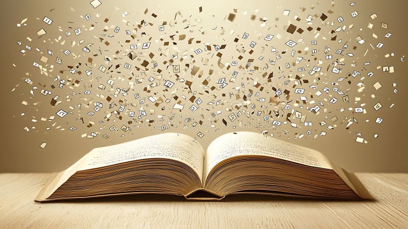 Open Book with Floating Letters and Symbols Illustration Stock ...