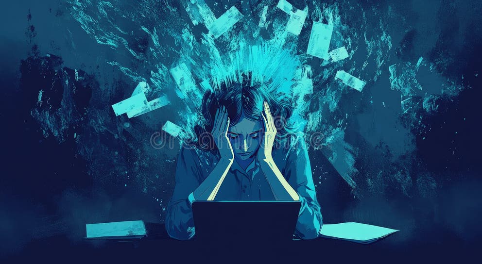 Overwhelmed Person with Laptop Experiencing Information Overload Stock ...