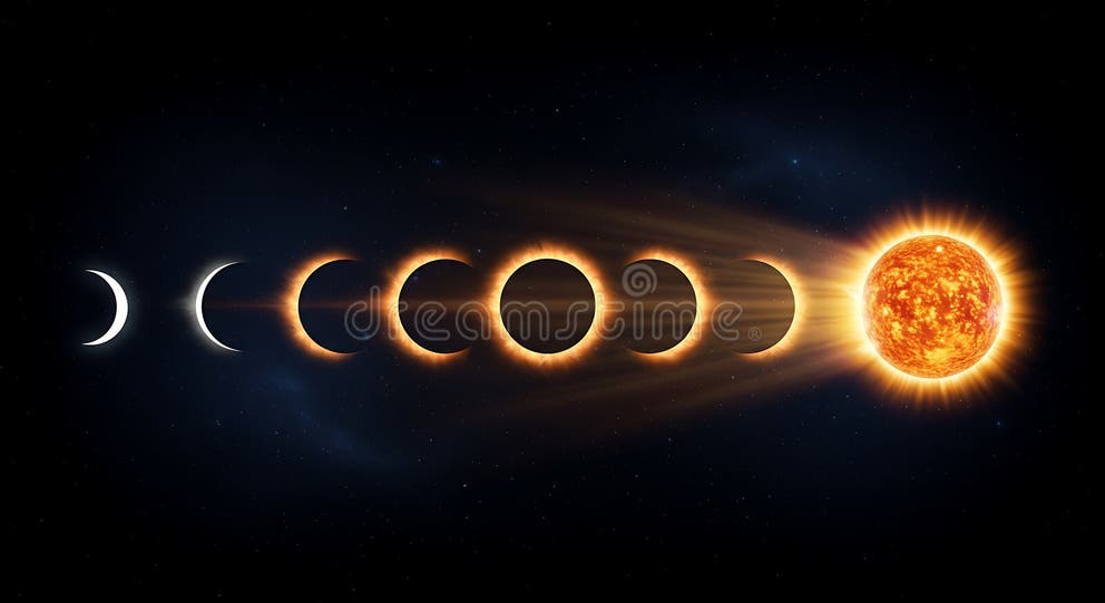 An Illustration Depicts the Phases of a Solar Eclipse. Beginning with a ...