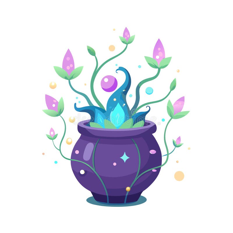 Magic Cauldron with Bubbling Potion and Blooming Flowers Vector ...