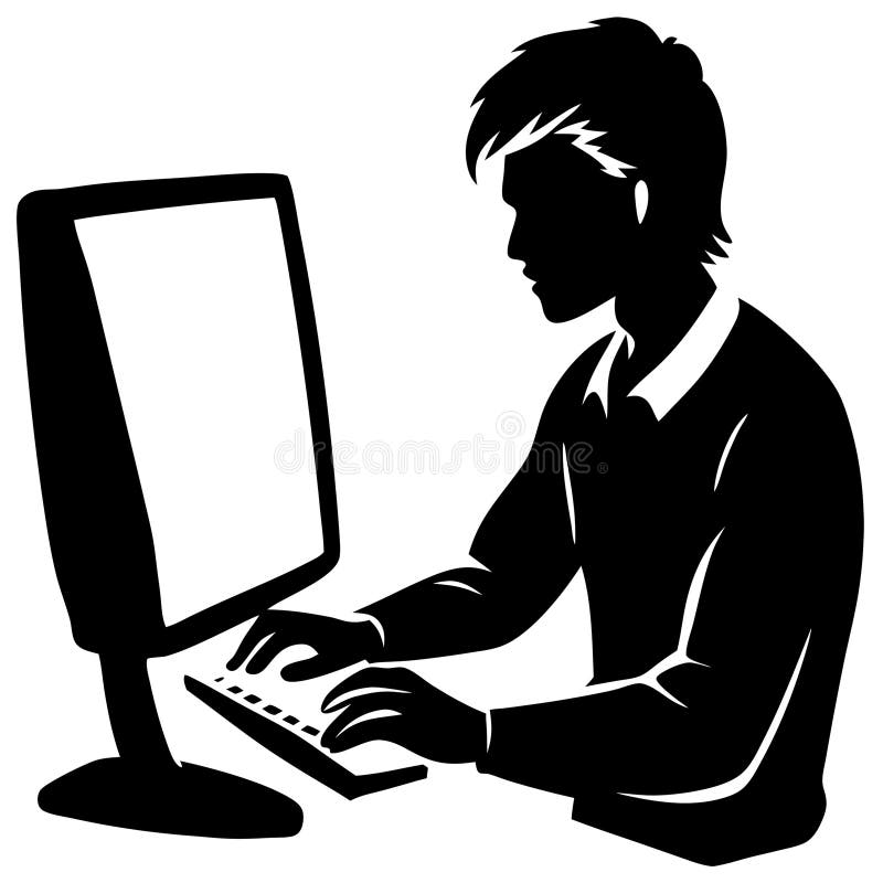 Silhouette of Man Working on Desktop Computer in Office Setting Vector ...