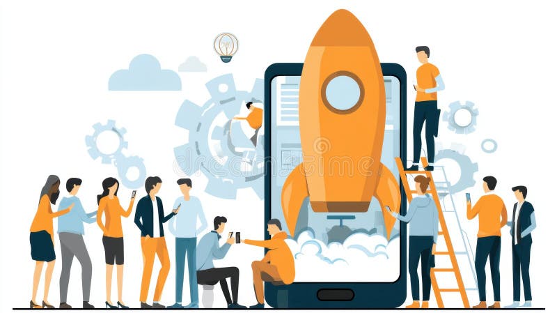 Mobile App Launch stock illustration. Illustration of people - 374726232