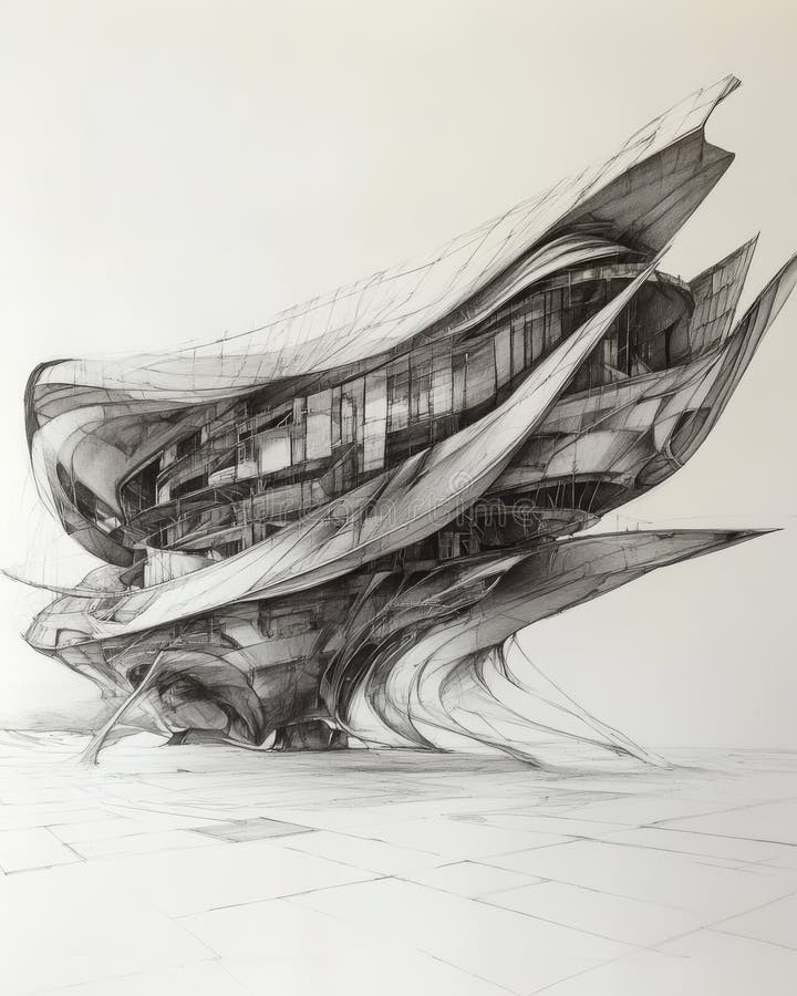 The Illustration Depicts a Unique Architectural Structure in Line Art ...