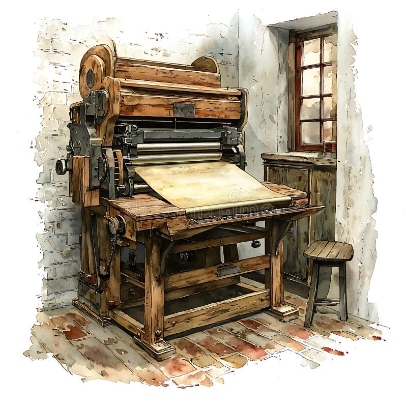 Vintage Textile Machine with Paper Roll in a Rustic Workshop Stock ...