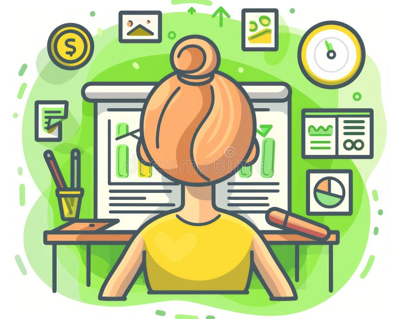 Creative Illustration of Person Analyzing Data with Charts and Graphs on a Computer Screen ...
