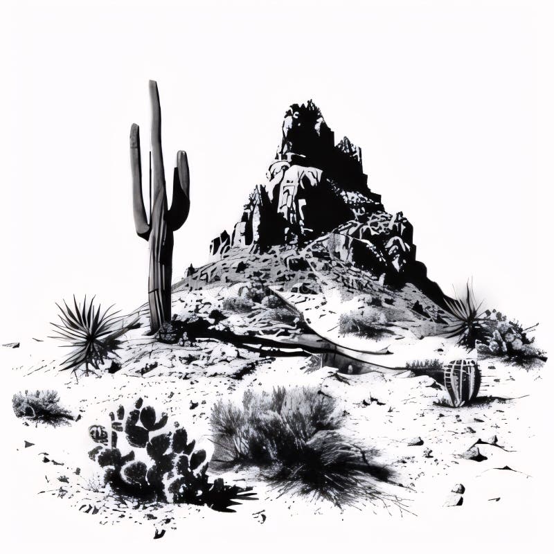 Illustration of Desert Landscape with Cacti and Mountains. Hand Drawn ...