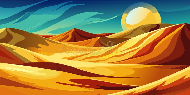 Illustration of a Desert Landscape with Sand Dunes and a Setting Sun ...