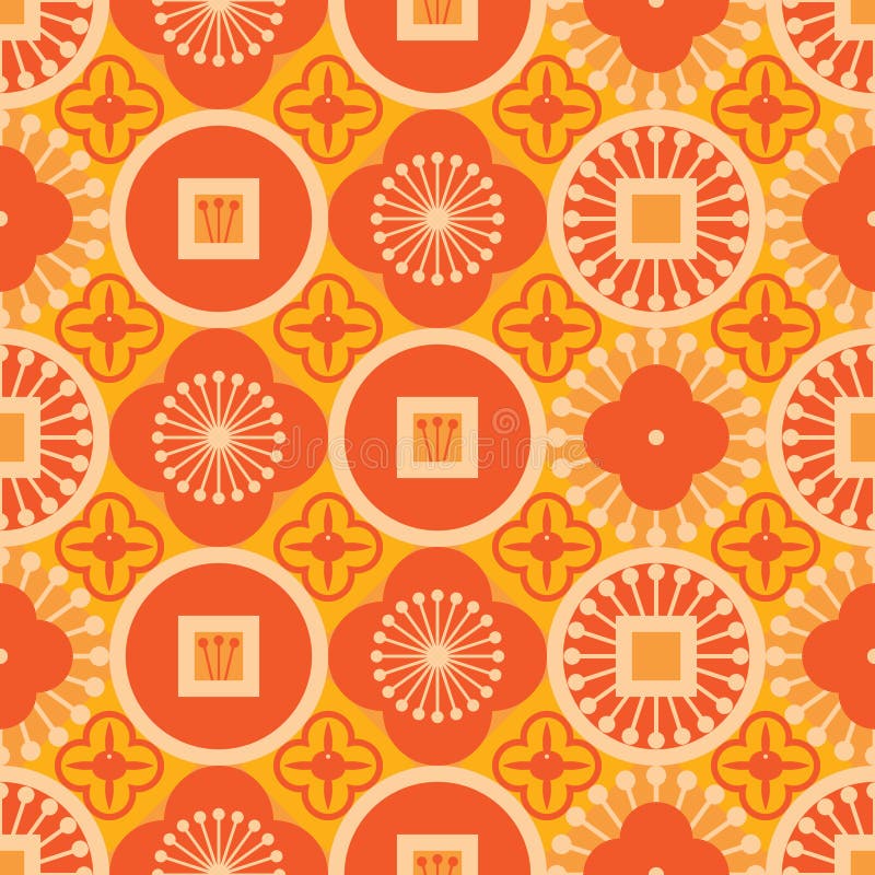 Chinese Element Coin Orange Sakura Seamless Pattern Stock Vector ...