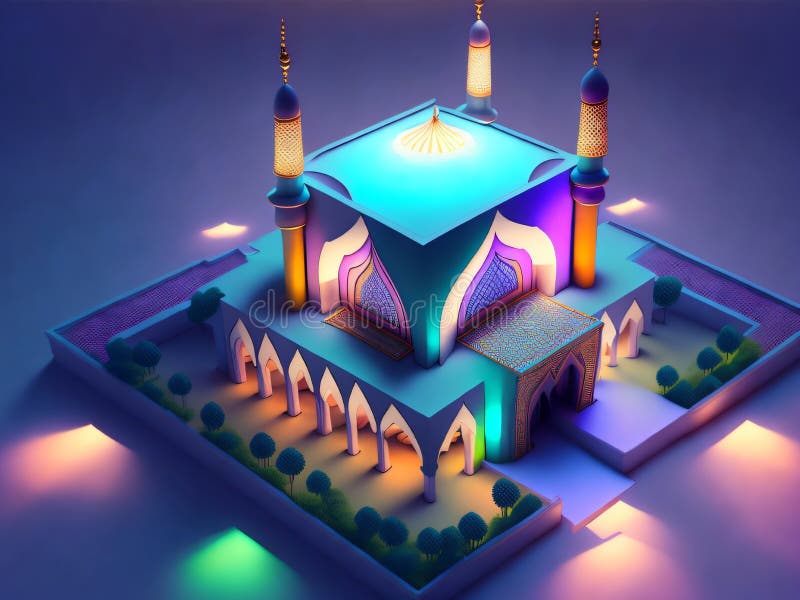 3D Mosque Render with Neon Color Effect Stock Illustration ...