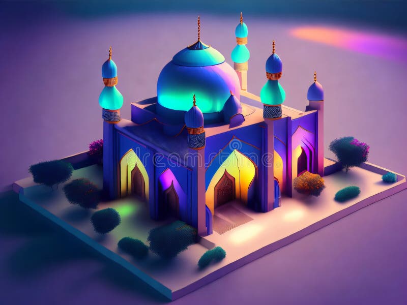 3D Mosque Render with Neon Color Effect Stock Illustration ...