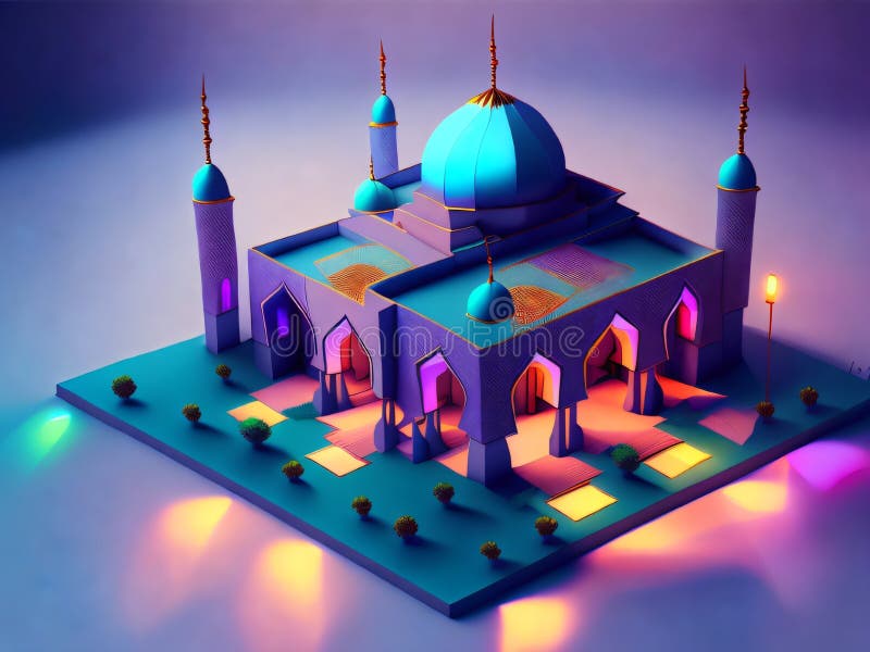 3D Mosque Render with Neon Color Effect Stock Illustration ...