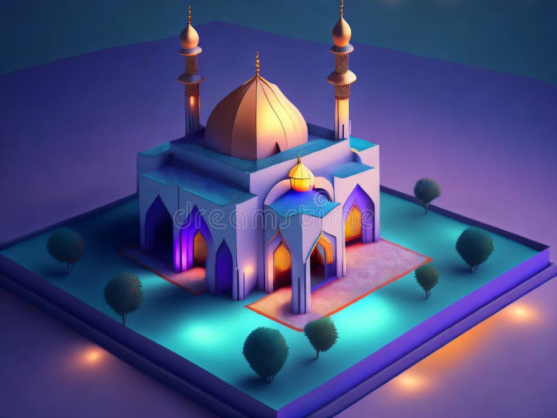3D Mosque Render with Neon Color Effect Stock Illustration ...