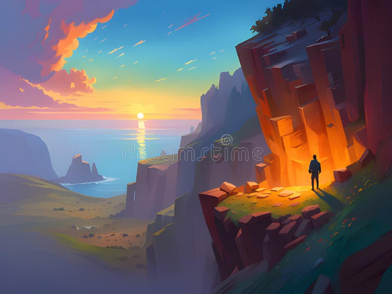 Illustration Design of Man Standing in the Cliff at Sunset Stock ...
