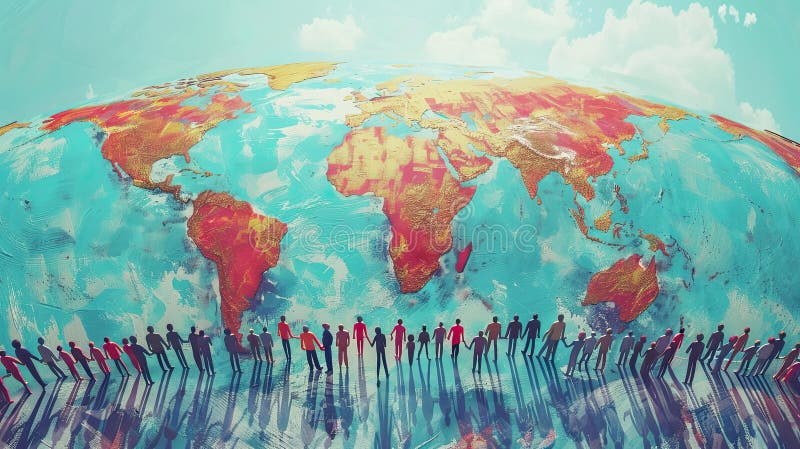 Painting of a Group of People Holding Hands in Front of a Half Sphere ...