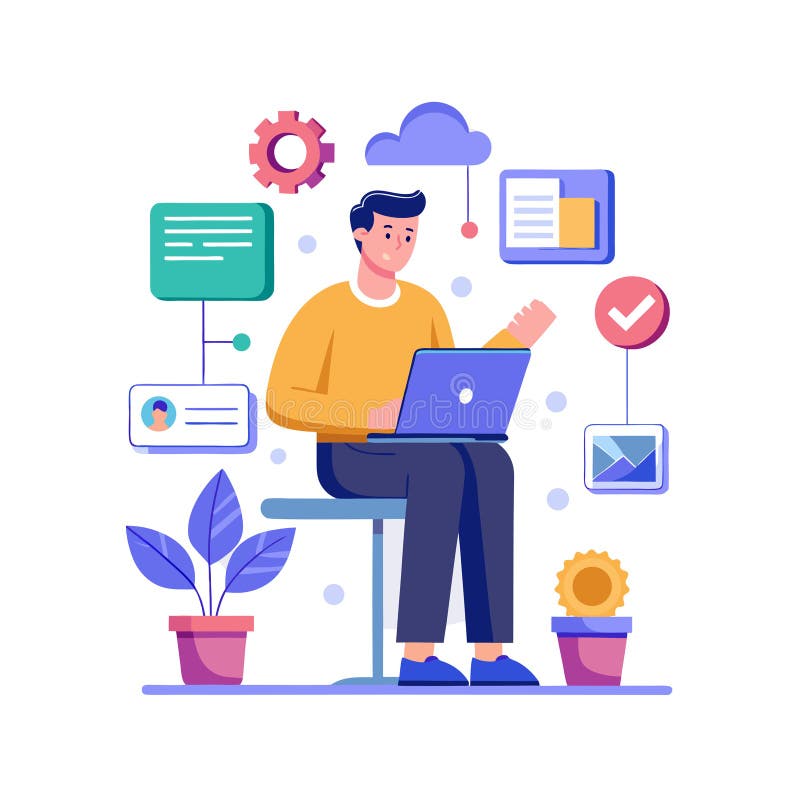 A Designer Working on a Project in the Office, with a Computer, Plants ...