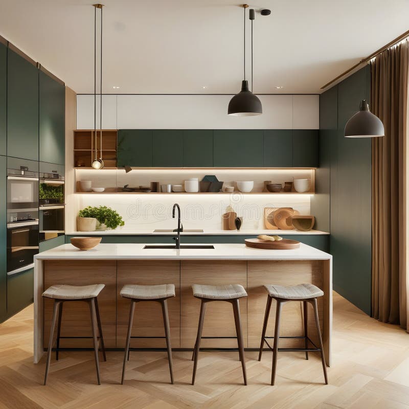 Illustration of a a Designer Kitchen Featuring a Combination of Open ...