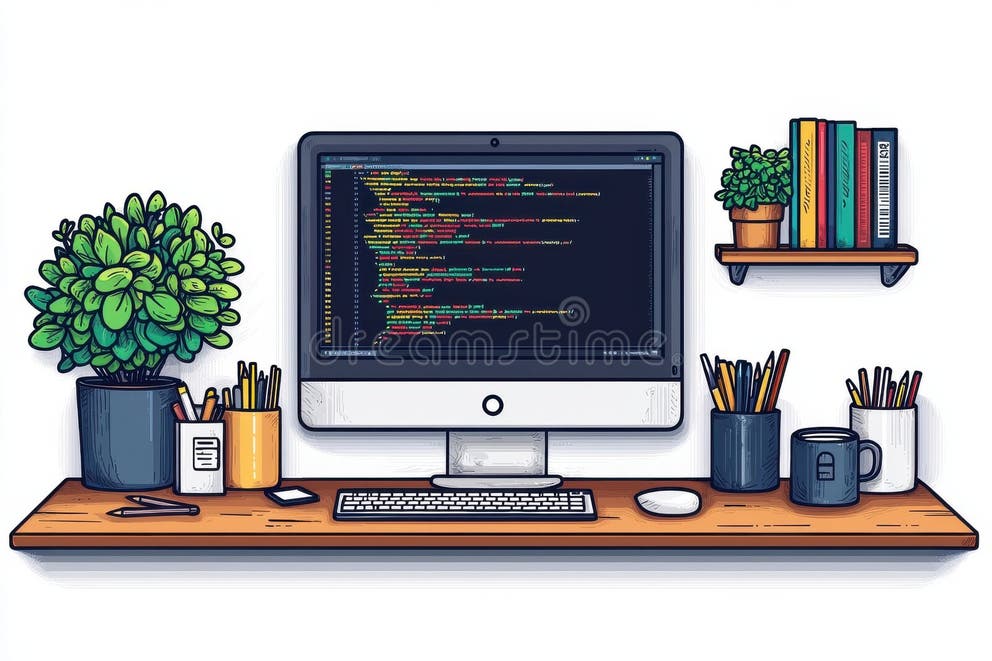 Illustration of a Desktop Computer with Code on Screen in a Workspace ...