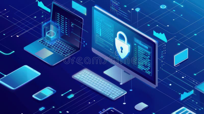 Illustration of a Desktop Computer on a Desk Shielded by a Padlock Icon ...