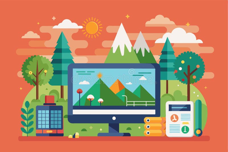 Illustration: Desktop Computer Showing Mountains, Surrounded by Trees ...