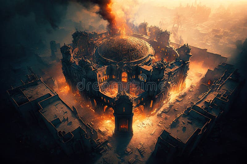 Illustration of a Destroyed City with Fire and Smoke Viewed from Above ...
