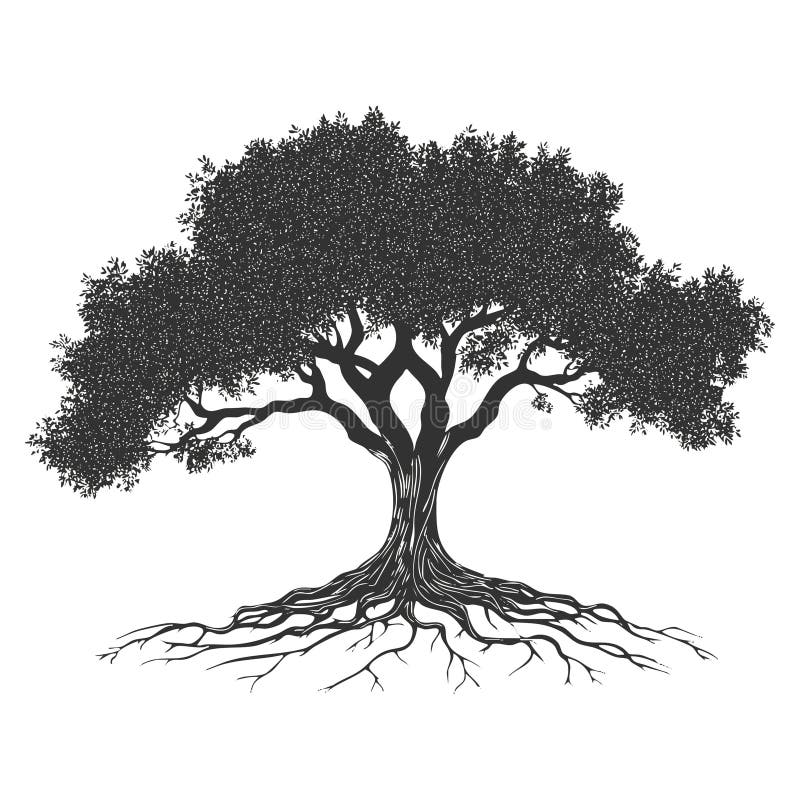 Illustration of a Detailed Tree with Roots and Branches in Silhouette ...