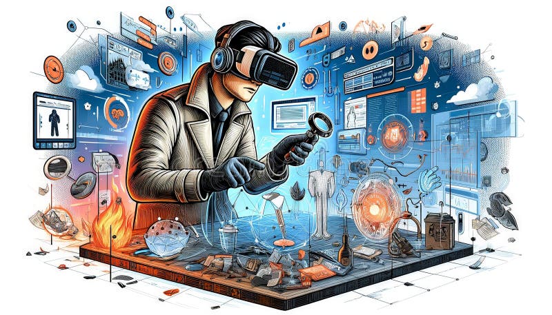An Illustration of a Detective Exploring a Virtual Reality Crime Scene, Examining Digital Clues ...