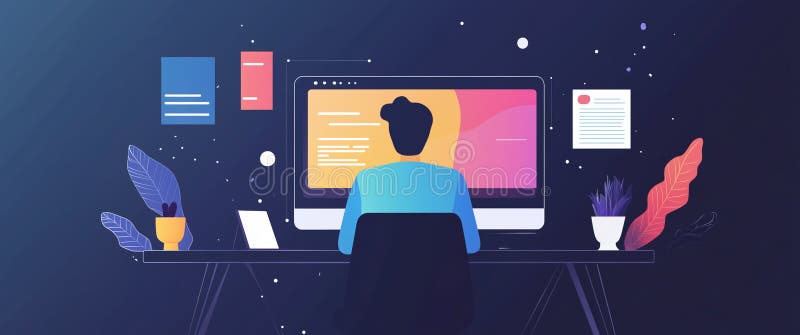 Illustration of a Developer Working at a Computer Stock Illustration - Illustration of workspace ...