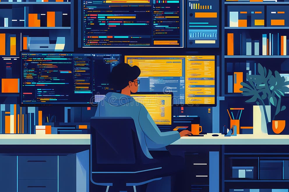 Illustration of Developer Working at Multi-monitor Setup Stock ...