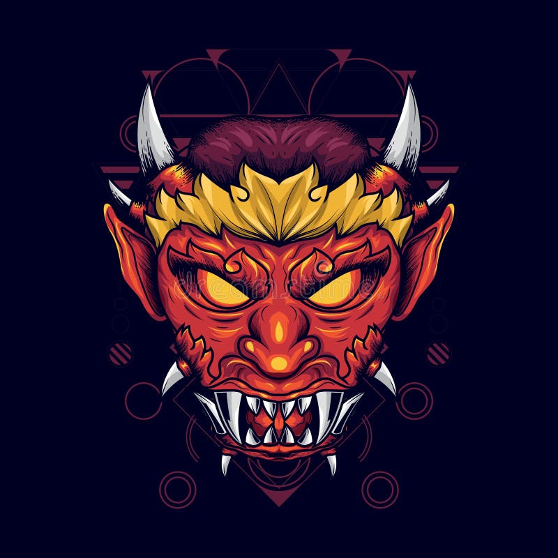 Illustration of Devil Head with Sharp Horns and Fangs in Bright Red ...