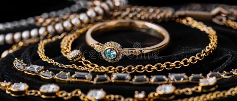 Illustration of Diamond-studded Gold Jewelry with Chains and a Ring ...