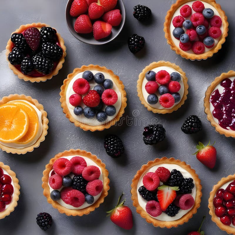 An Illustration of Different Berry Tarts on Grey Table, Flat Lay ...