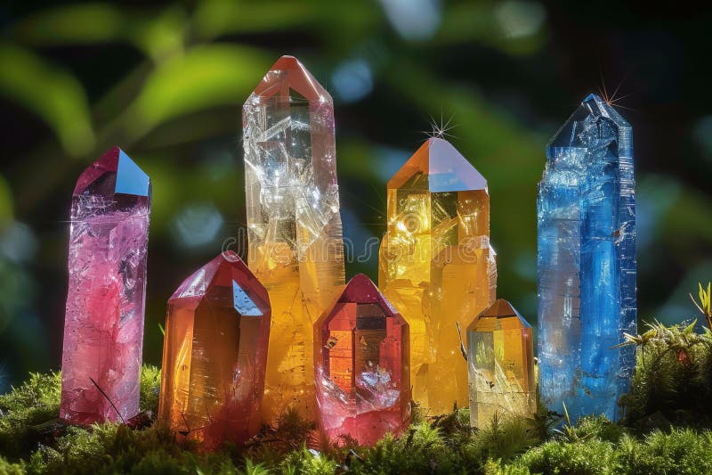 Illustration of Different Colored Crystals Standing on Moss in the ...