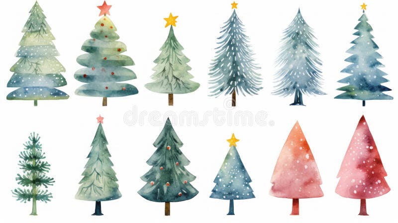 Illustration of Different Decorated Xmas Trees Standing in a Row on ...
