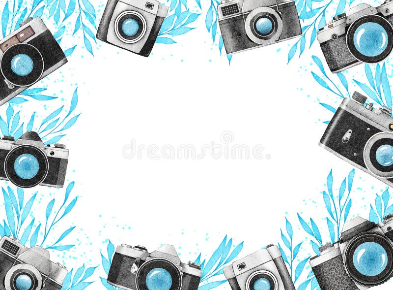Template for Text. Watercolor Frame with Cameras and Branches with ...